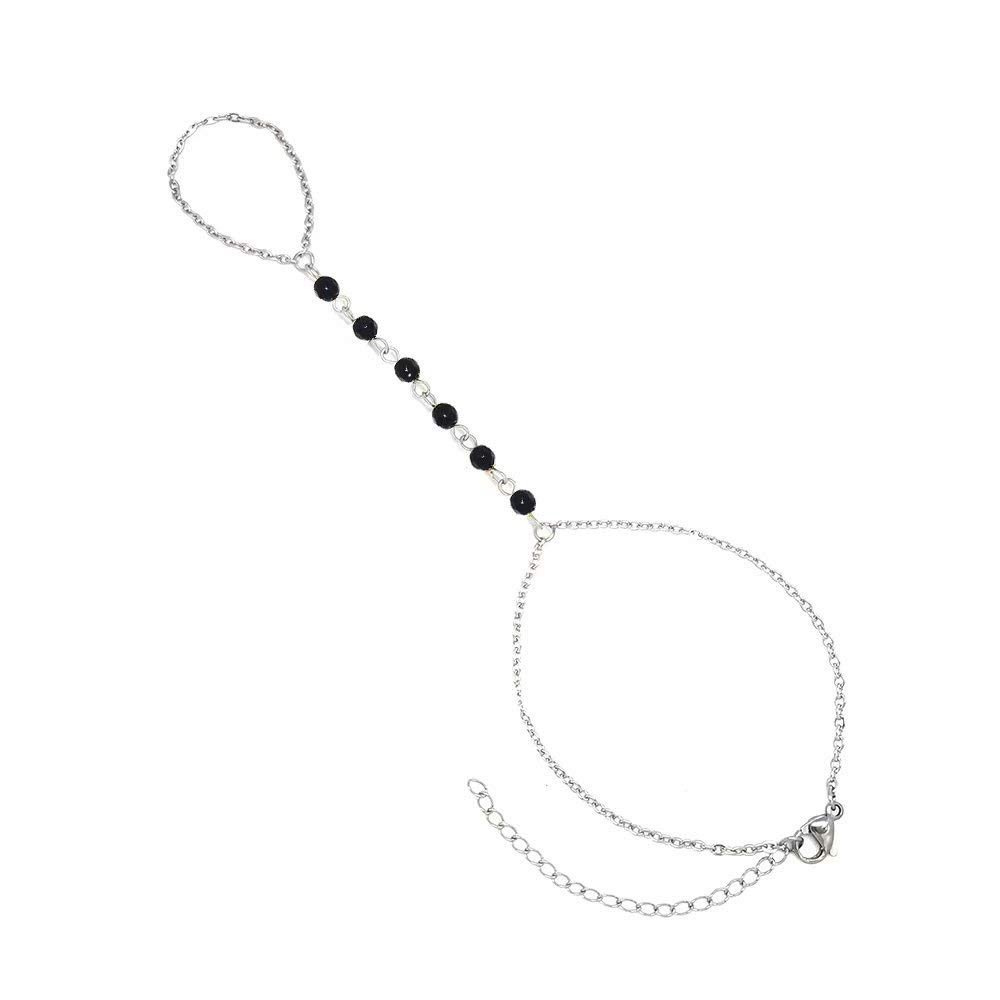 YOUCANDOIT2 Stainless Steel Finger Ring Bracelet Natural agate stone Tassel Bracelet Slave Finger Ring Hand Harness (black)