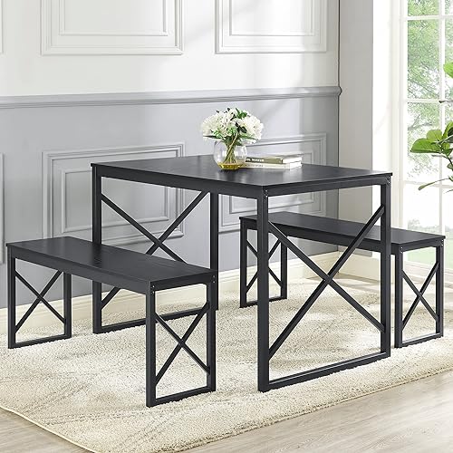 VECELO Kitchen Table with 2 Benches for 4, Wood Dining Room Dinette Sets with Metal Frame for Breakfast Nook and Small Space, 43.3", Black