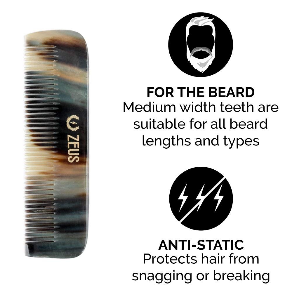 ZEUS Handmade Anti-Static Natural Horn Comb Set for Mustache, Beard, and Hair - Best 3 Piece Set - Medium and Fine Teeth