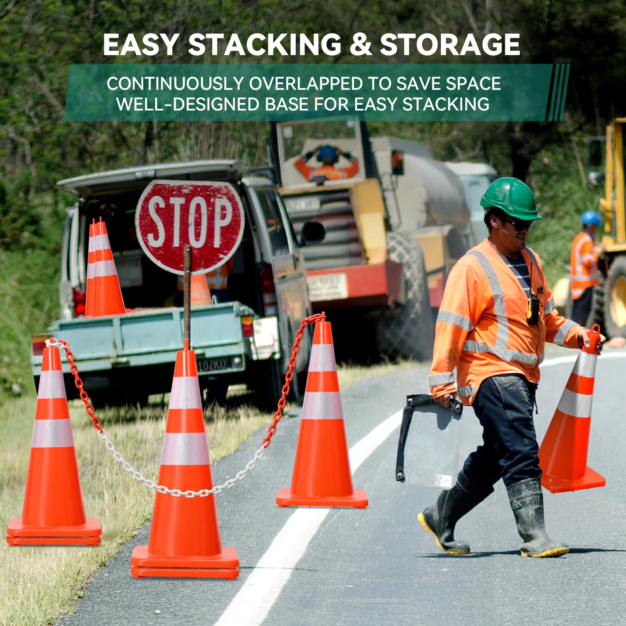 YITAHOME Traffic Cones 28 Inch (10 Pack), with 29.5FT Chain and Reflective Collars, PVC Orange Construction Cones, Safety Cones for Parking Lot, Home Road