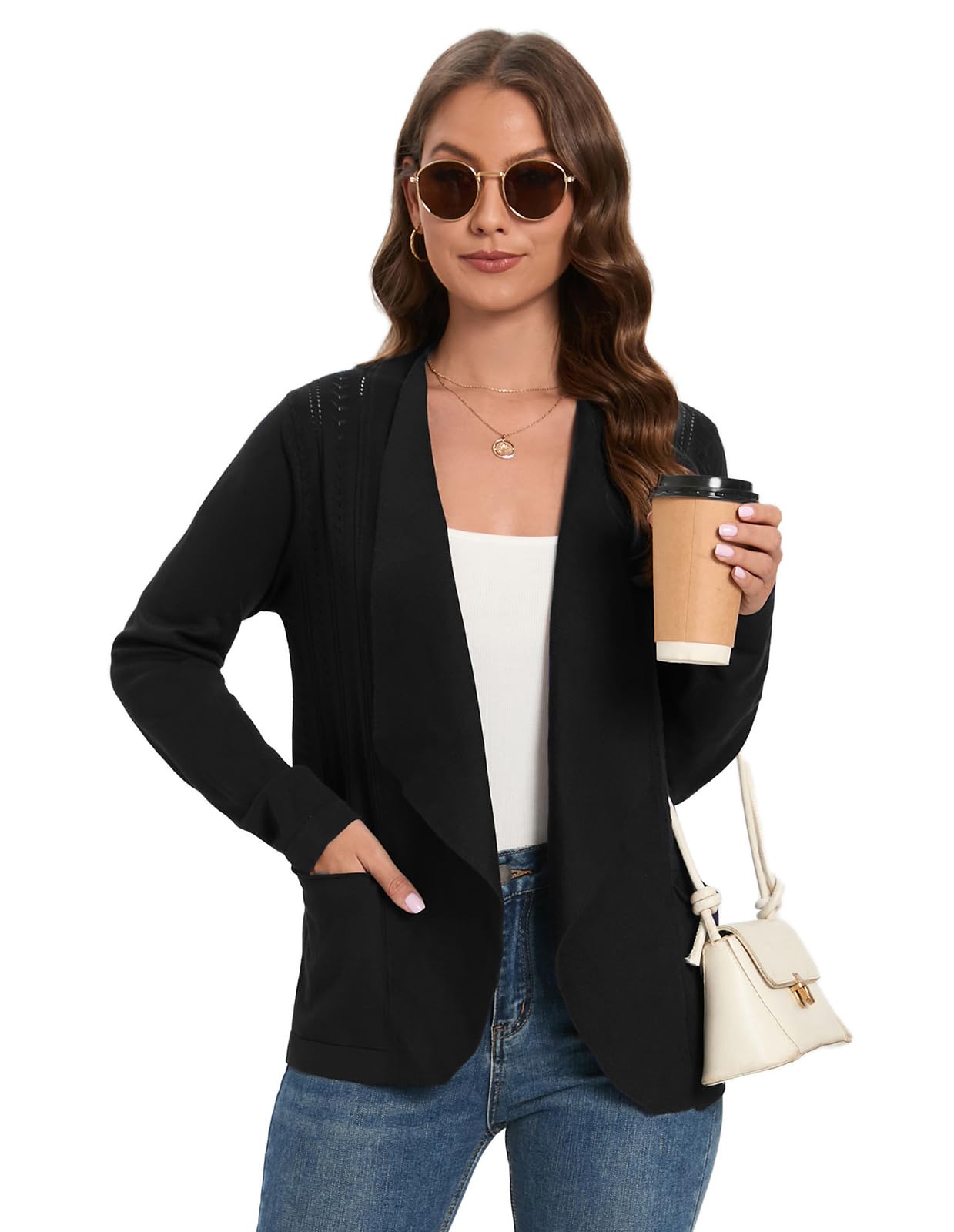 Women Knit Blazer Open Front Blazer Sweater Lapel Cardigan Long Sleeve Blazer Jackets with Pockets Black S