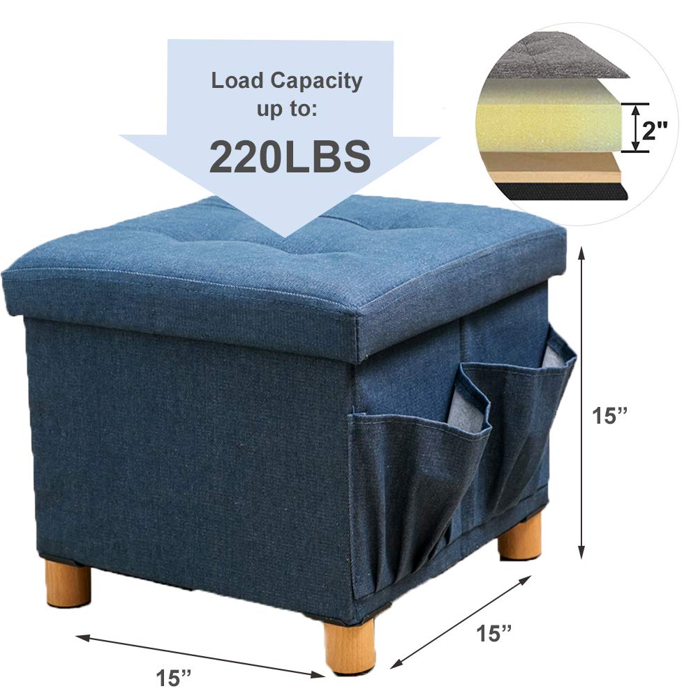 WALTSOM Folding Storage Ottoman, Cube Footrest Seat Stool Coffee Table with Woode Feet, Side Pockets, Double Sides Lid, Soft Padding for Home and Office, 15"X15"x15" (Blue)