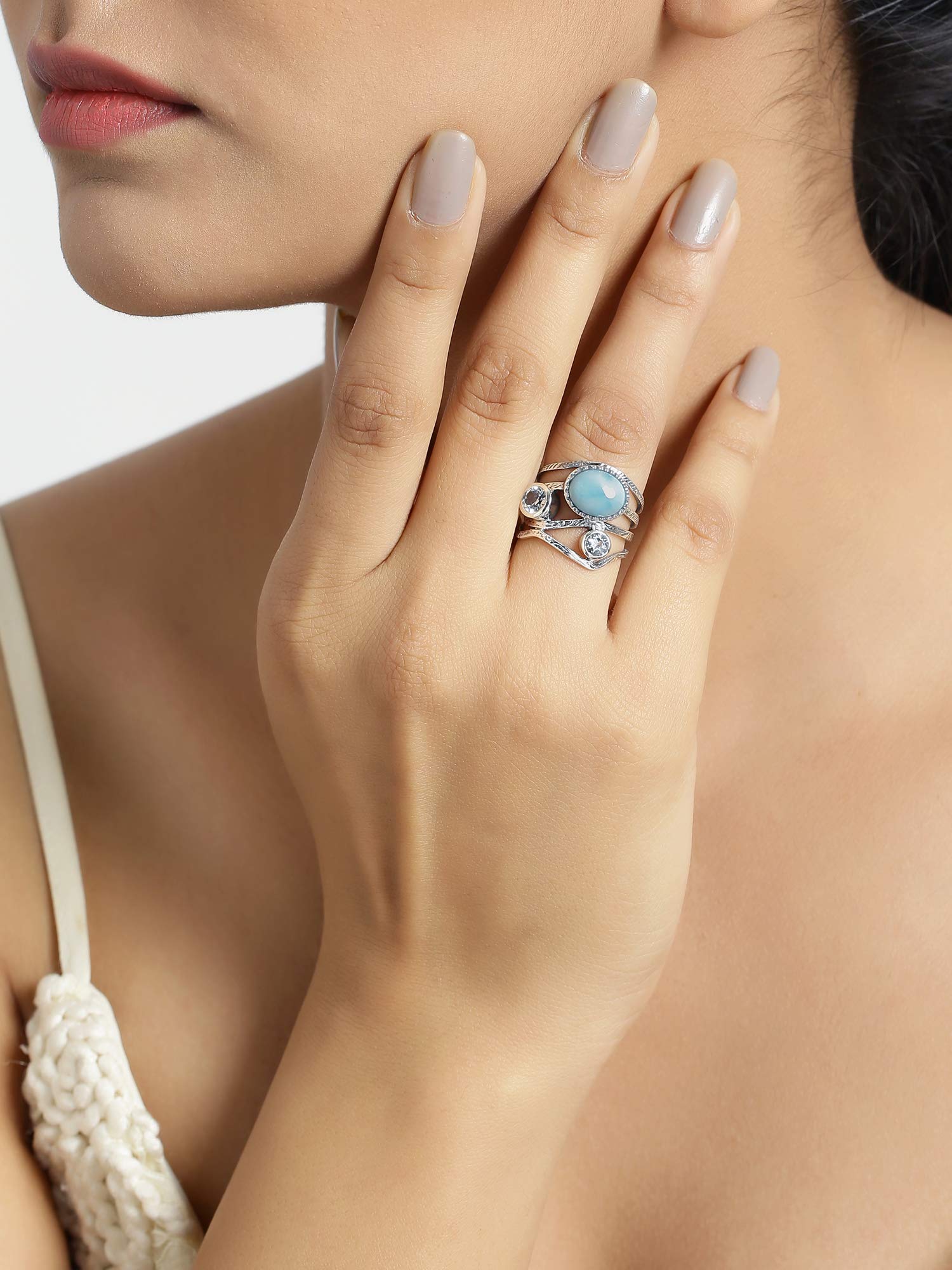 YoTreasure Natural Larimar Blue Topaz 925 Sterling Silver Antique Three Stone Bypass Ring