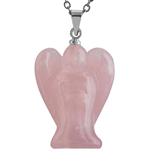 TUMBEELLUWA Guardian Angel Handmade Carved Healing Stone Crystal Pendant with Metal Alloy Chain, Rose Quartz