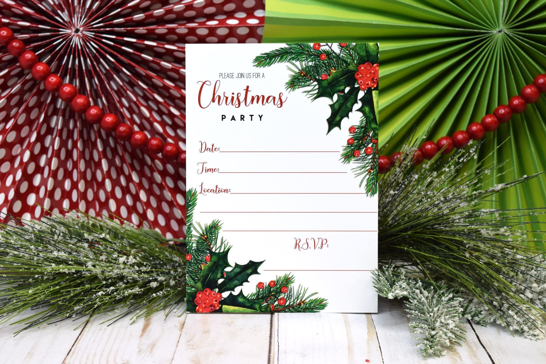 Watercolor Holly and Pine Christmas Holiday Party Invitations, 20 5"x7" Fill In Cards with Twenty White Envelopes by AmandaCreation