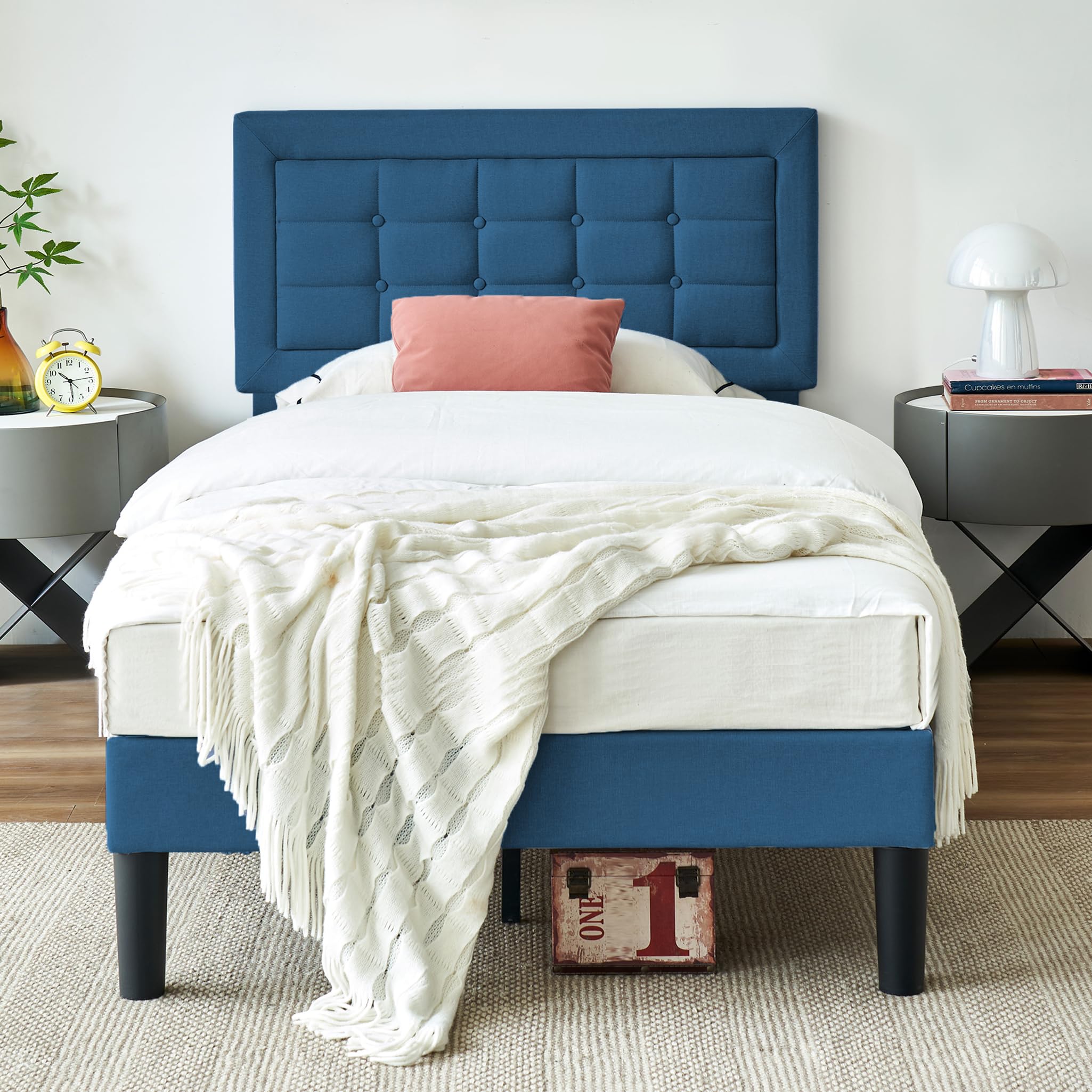 VECELO Twin Size Bed Frame with Adjustable Headboard, Upholstered Button Tufted Platform Bedframe with Wood Slats Support, No Box Spring Needed, Linen White
