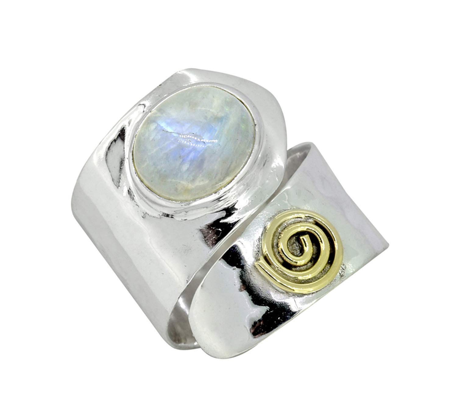 YoTreasure Natural Moonstone Solid 925 Sterling Silver Brass Hammered Finish Ring
