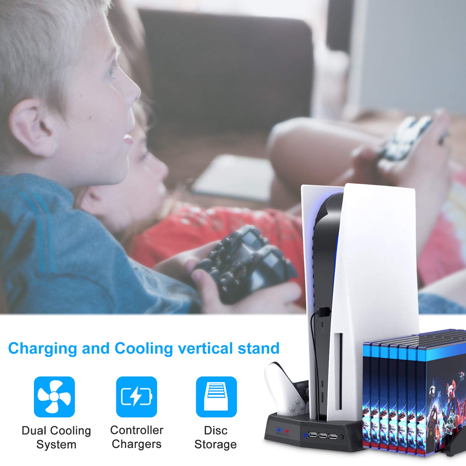 YUANHOT Vertical Cooling Stand Compatible with PS5 Console, Charging Station Dock with Controller Charger Ports and Retractable Game Storage - Black