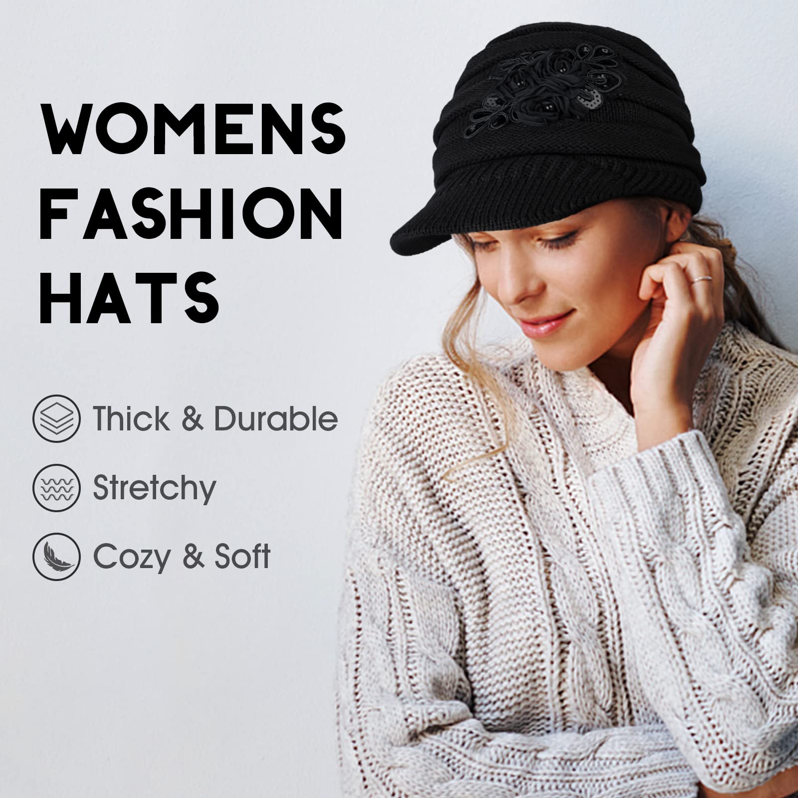 YSense Womens Hats Winter Beanie with Brim Warm Cable Knit Newsboy Cap Visor with Sequined Flowerisor/ Flower,A-Black