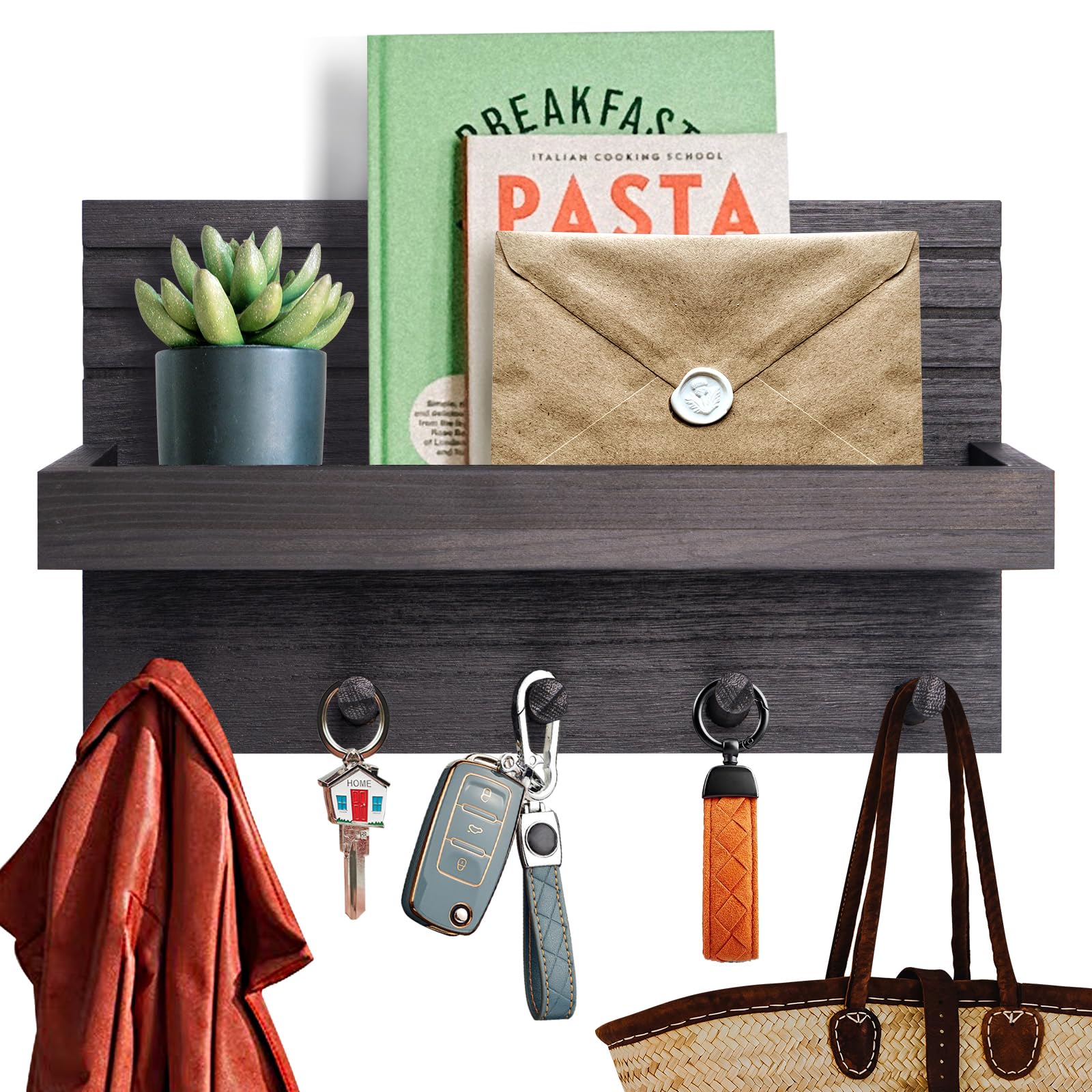 TITIANTY Mail and Key Holder Wall Mounted: Wooden Mail Organizer Key Hanger with 5 Hooks - Small Key Hanging Rack Rustic Home Decor for Entryway Farmhouse Kitchen