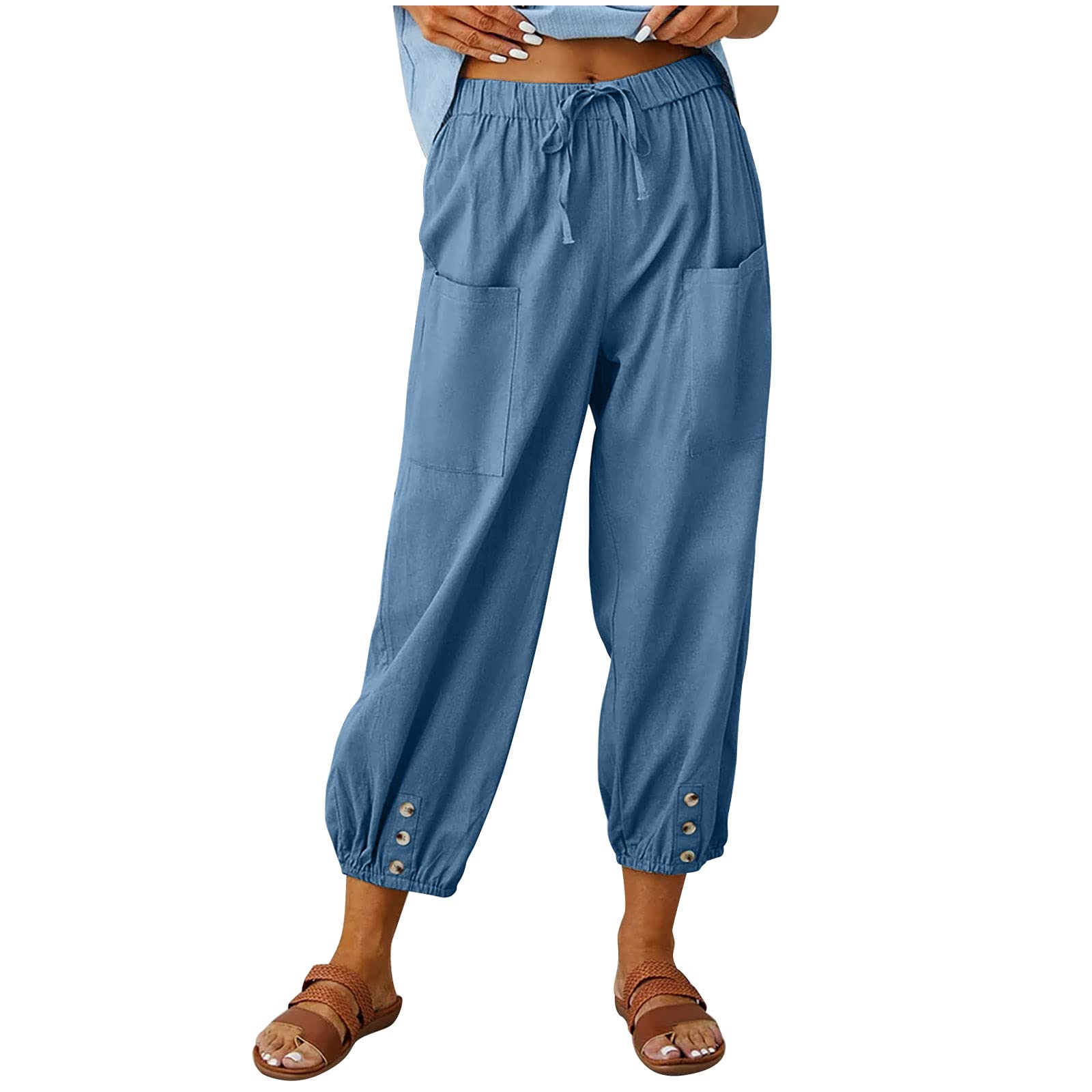 Women's Capri Pants High Waist Drawstring Cinch Bottom with Button Cotton Loose Casual Trouser with Pockets Blue