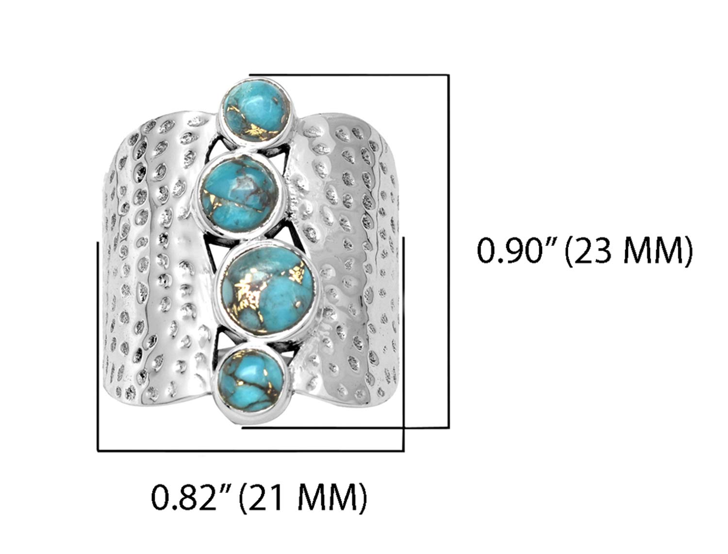 YoTreasure .925 Sterling Silver Blue Copper Turquoise Hammered Wide Band Boho Ring