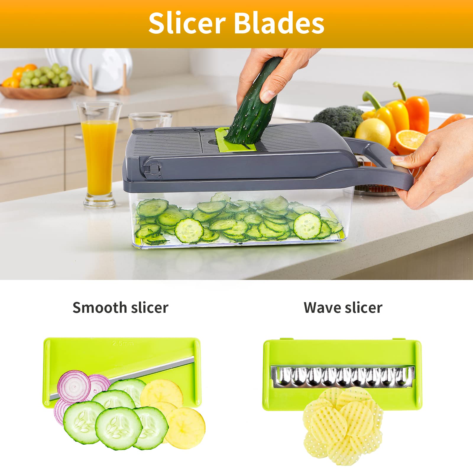 Vegetable Chopper, Multifunctional 12 in 1 Food Chopper Veggie Chopper Onion Chopper Vegetable Slicer Mandolin Slicer for Kitchen Vegetable Chopper with Container 8 Blades Garlic Chopper Slicer