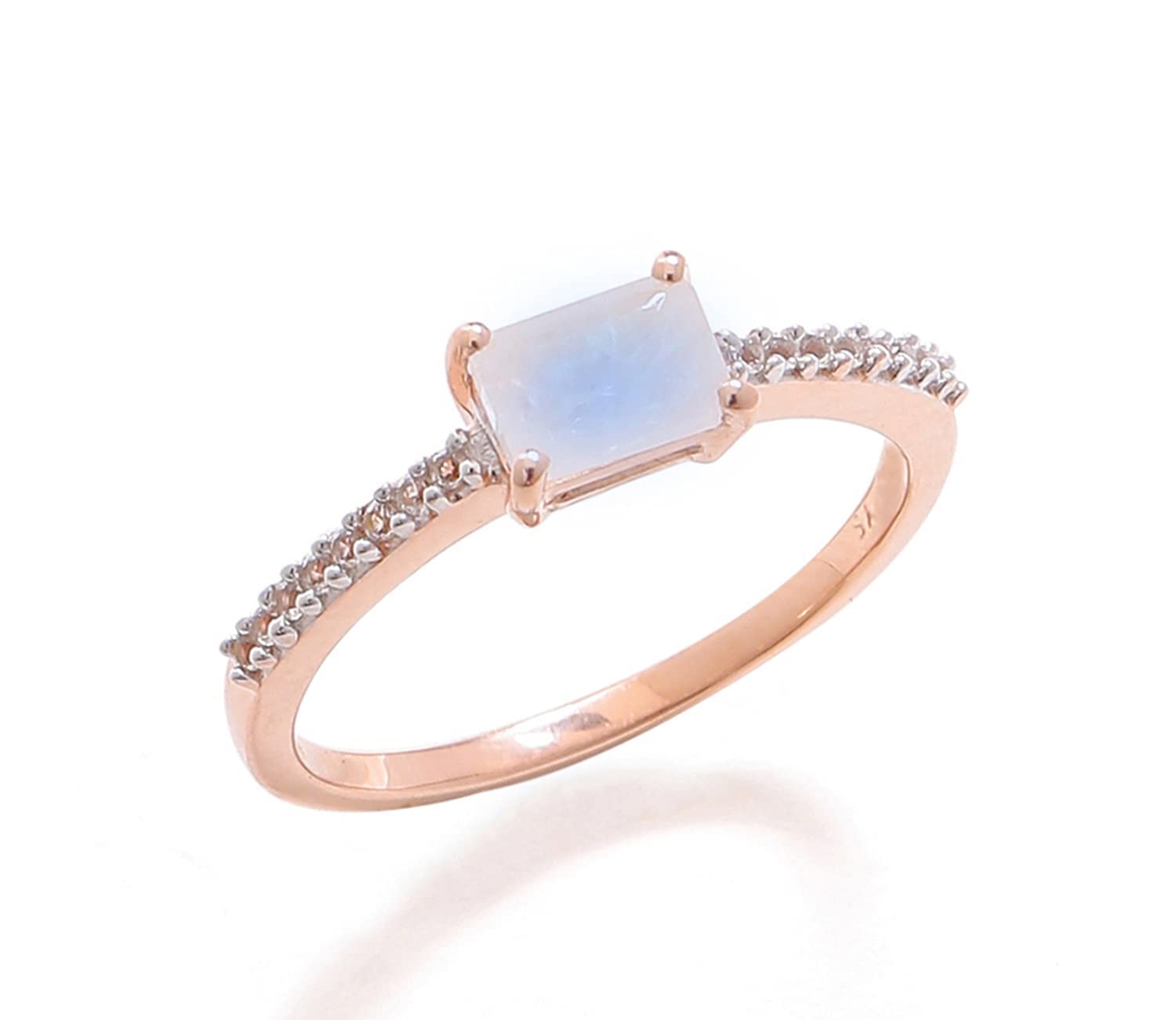 YoTreasure 0.65 Ct. Rainbow Moonstone White Topaz Solid 10kt Rose Gold Promise Ring Prong Jewelry