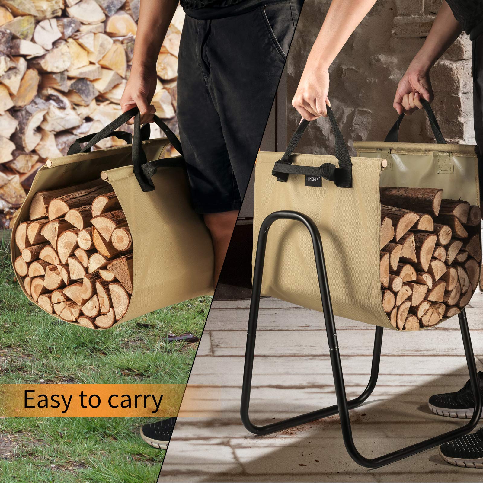 TJ.MOREE Fireplace Log Holder Rack with Canvas Log Carrier for Indoor Outdoor Wood Storage Log Bin Heavy Duty (Olive Drab Faded)