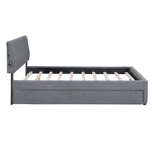 WOXYX Queen Size Upholstered Platform Bed with Teddy Fleece Headboard and Trundle,Grey