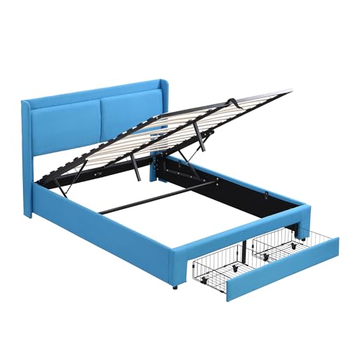 WOXYX Queen Size Platform Bed,Storage Upholstered Hydraulic Beds Frame with 2 Drawers,Blue