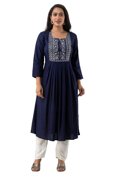 Women's Rayon Printed Anarkali Kurti With Palazzo (Blue, Small)