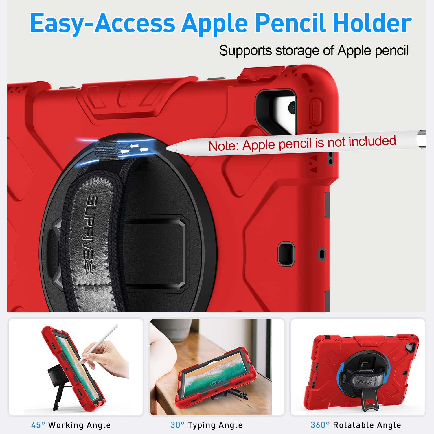 SUPFIVES Case for iPad 6th / 5th Generation 9.7 Inch: Heavy Duty Shockproof Silicone Protective Cover for iPad 6th/5th Gen/Air 2/Pro 9.7 with Rotating Stand+Handle+Pencil Holder+Shoulder Strap, Red