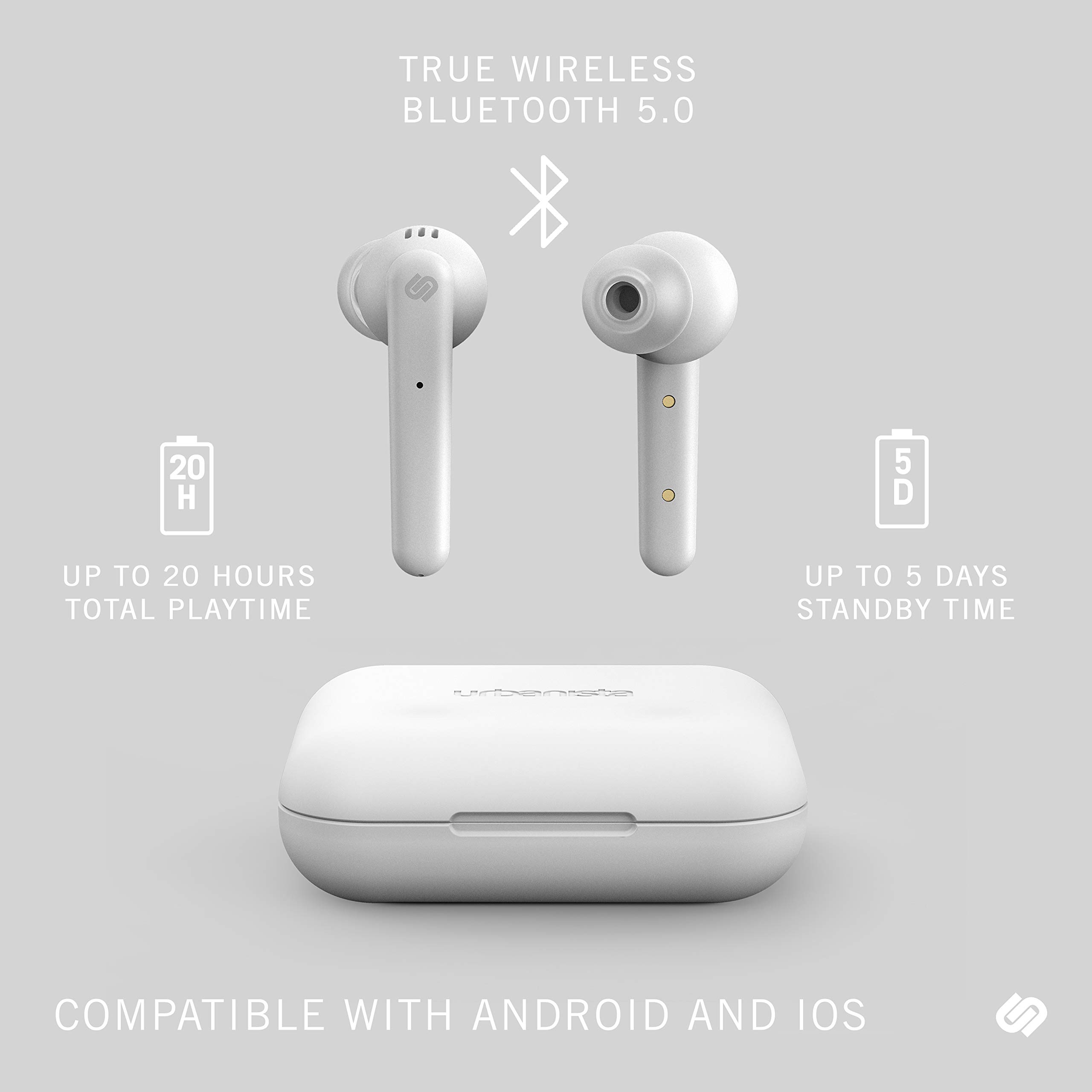 Urbanista True Wireless Earphones 20H Playtime Wireless Charging Case and Bluetooth 5.0, Noise Cancelling Earphones with Touch Controls + Built-in Mic, Compatible with Android and iOS β Paris, White