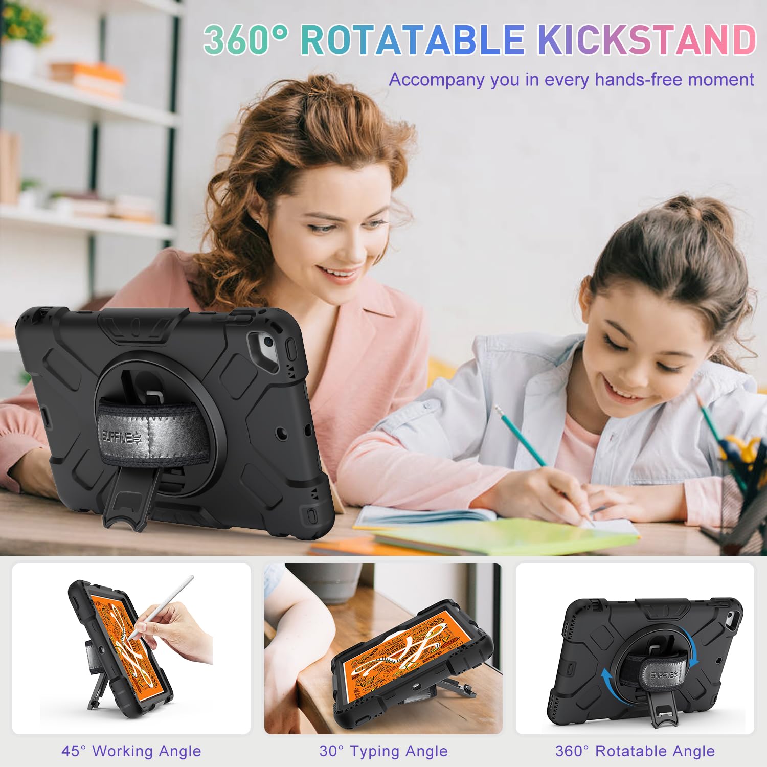 SUPFIVES Case for iPad Mini 5 2019, iPad Mini 4 Case for Kids Military Grade Protective Rugged Case with Shoulder Strap + Kickstand + Pencil Holder for iPad Mini 5th/ 4th Generation 7.9 inch- Black
