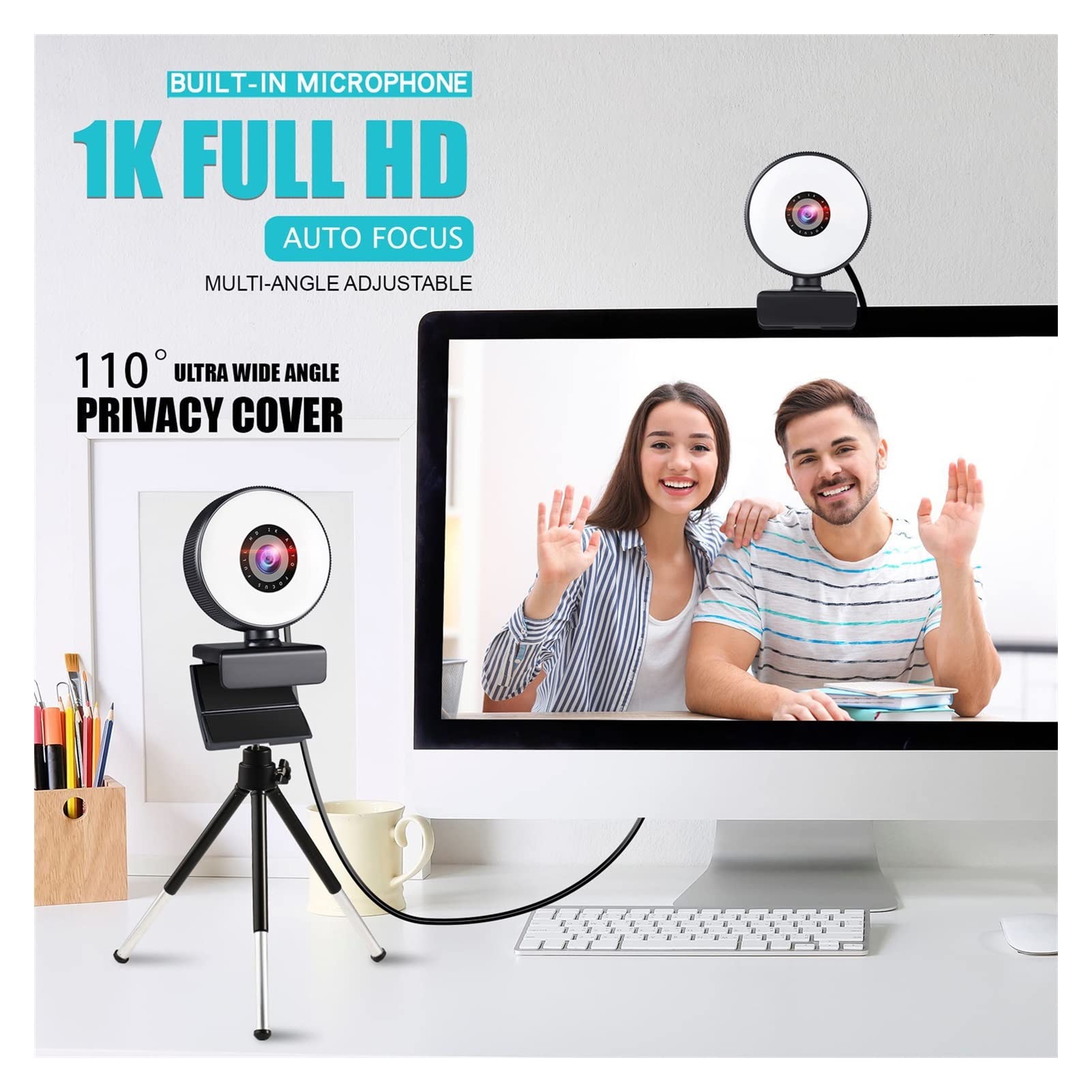 Webcam Webcam 4K Mini Web Camera for PC Computer Laptop with Microphone Auto Focus Light Video Webcam 1080P 2K Live Web Cam Accessories for Recording Calling Conferencing Gaming (1080P (with Tripod)