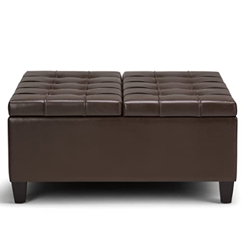 SIMPLIHOME Harrison 36 inch Wide Square Coffee Table Lift Top Storage Ottoman, Cocktail Footrest Stool in Upholstered Chocolate Brown Tufted Faux Leather for the Living Room,