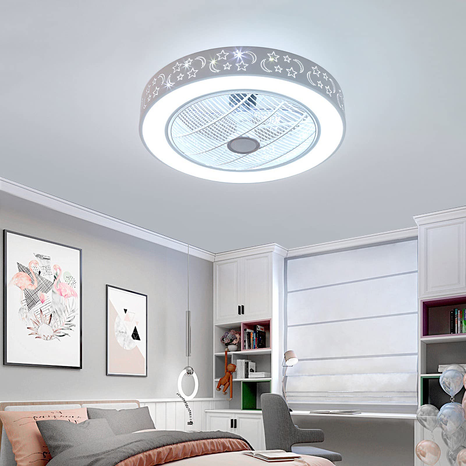 WenineStar Ceiling Fan with Lights, Remote Control Fully Dimmable Caged LED Fixture, Semi Flush Mount Enclosed Ceiling Fan for Low Profile Ceiling Room (22in, White)