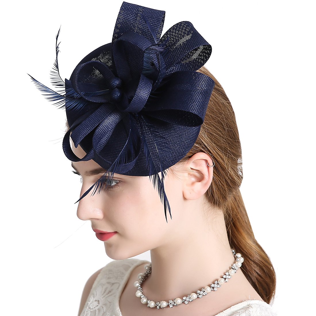 Sinamay Feather Fascinators Womens Pillbox Flower Derby Hat for Cocktail Ball Wedding Church Tea Party Navy Blue