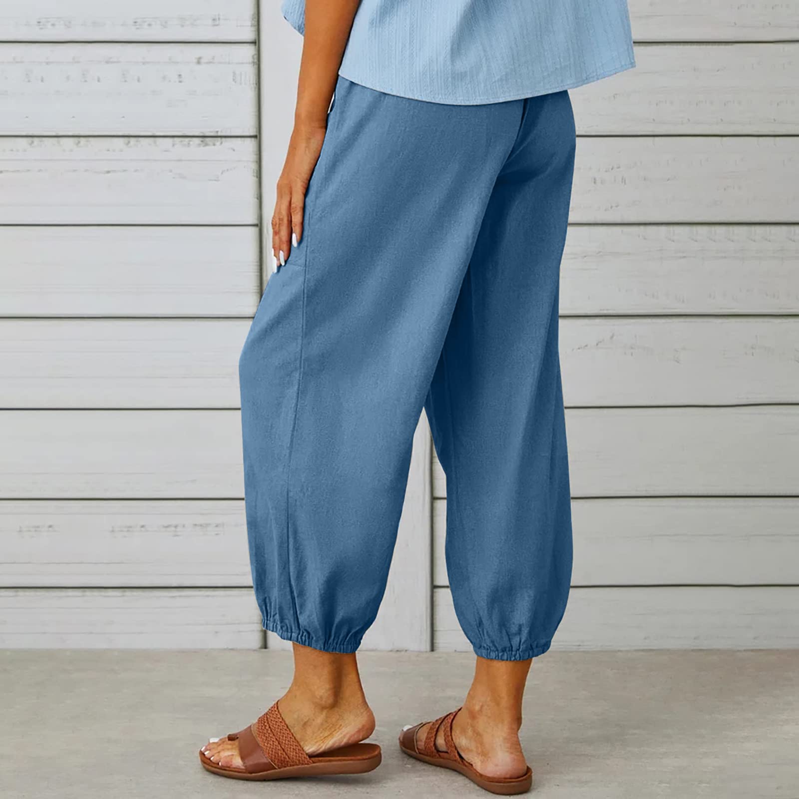 Women's Capri Pants High Waist Drawstring Cinch Bottom with Button Cotton Loose Casual Trouser with Pockets Blue