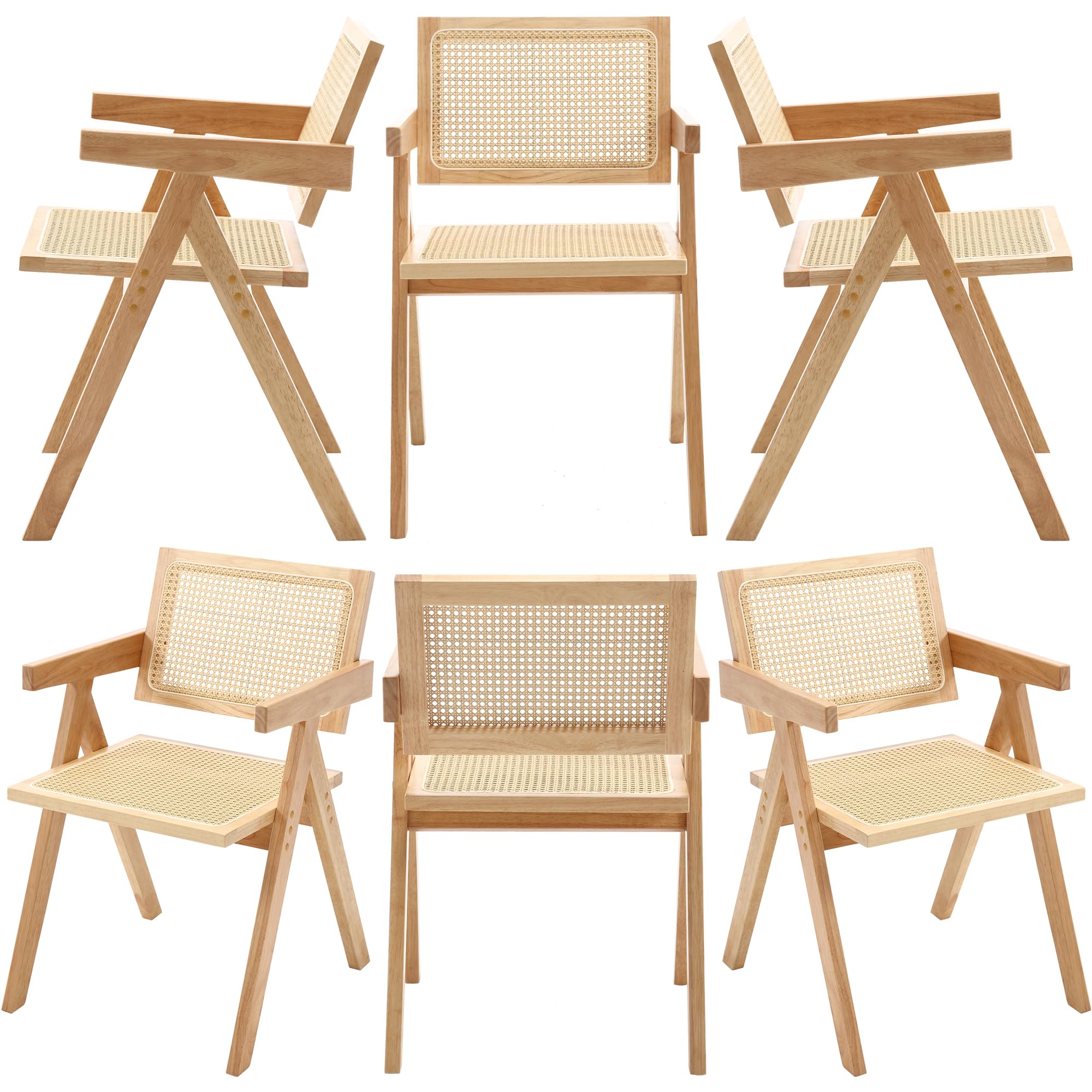 Westice Rattan Dining Chairs Set of 6, Wooden Kitchen Chairs with Faux Cane Seat & Backrest, Solid Wood Legs, Comfy Farmhouse Retro Side Chair for Indoor Dining Room, Natural