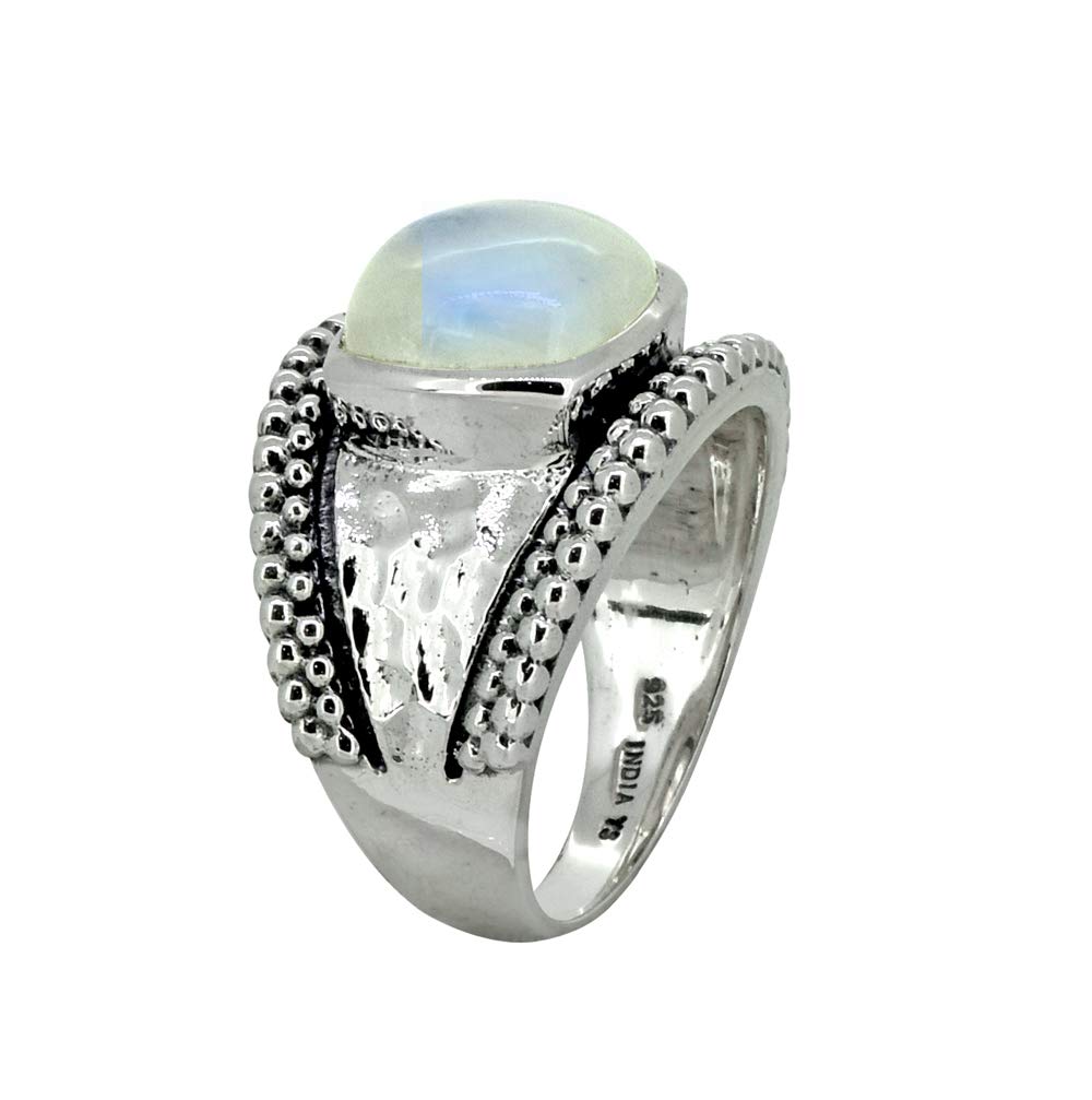 YoTreasure Natural Larimar Solid 925 Sterling Silver Hammered Wide Band Boho Ring