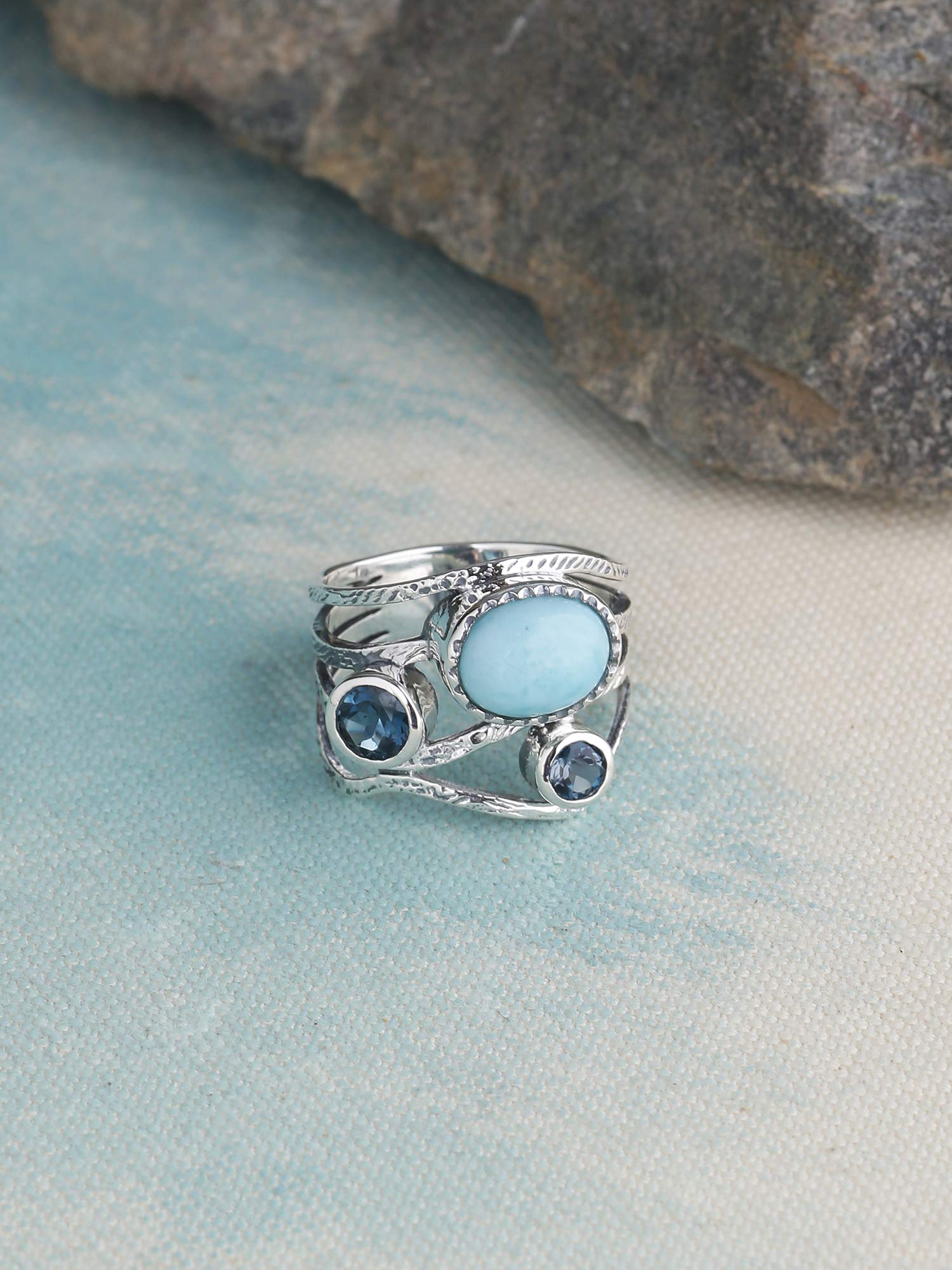 YoTreasure Natural Larimar London Blue Topaz Solid 925 Sterling Silver Designer Bypass Ring Jewelry
