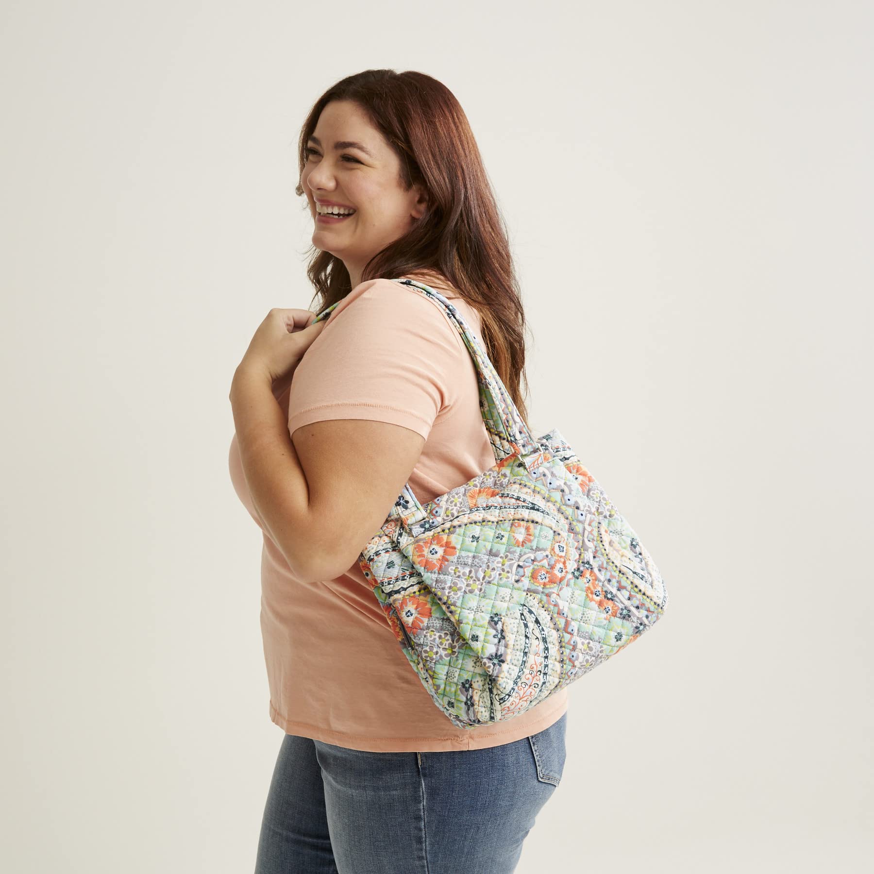 Vera Bradley Women's Cotton Multi-Compartment Shoulder Satchel Purse, Peach Blossom Picnic - Recycled Cotton, One Size