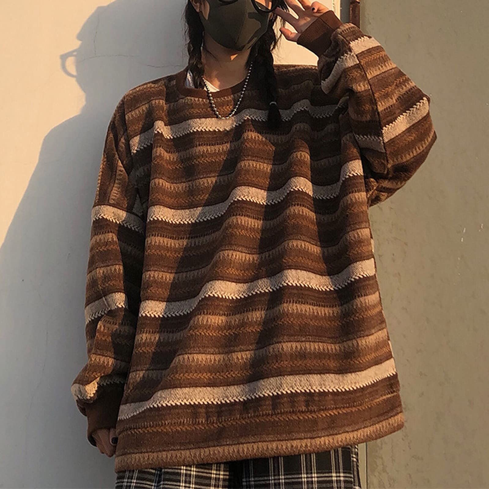 Women's Crewneck Color Block Striped Sweater Long Sleeve Loose Knit Plus Size Women Sweaters under 10 (Coffee, XXXXL),4X-Large