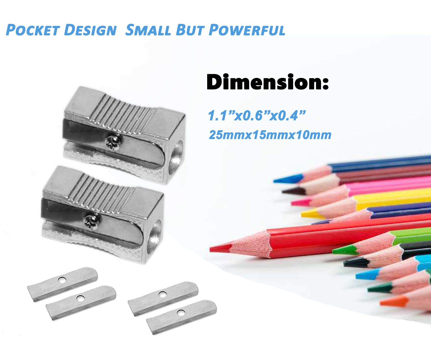 WEKOL Metal Dual Pencil Sharpener Aluminum Alloy Manual Sharpeners with Acrylic Cover,4Pcs Sharpener Blades Included,Silver