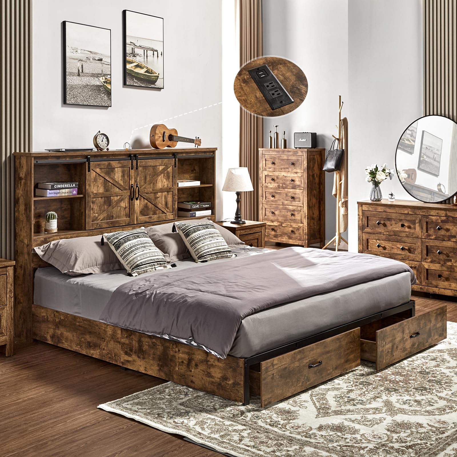VanAcc Queen Size Bed Frame, Wooden Platform Storage Bed with 51.2" Bookcase Headboard, 2 Drawers, Charging Station/No Box Spring Needed/Noise Free(Rustic Brown)