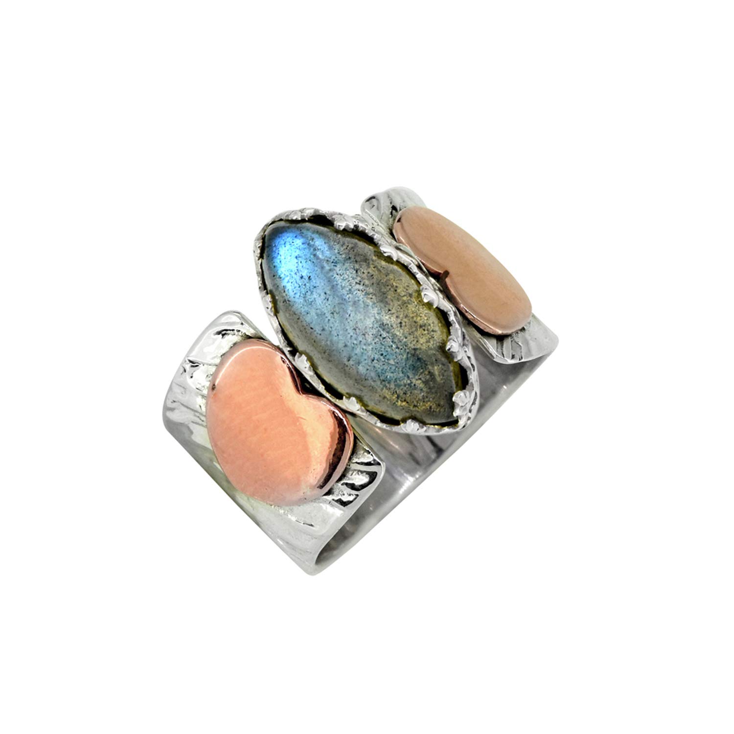 YoTreasure Natural Labradorite Solid 925 Sterling Silver Brass Wide Band Ring Jewelry