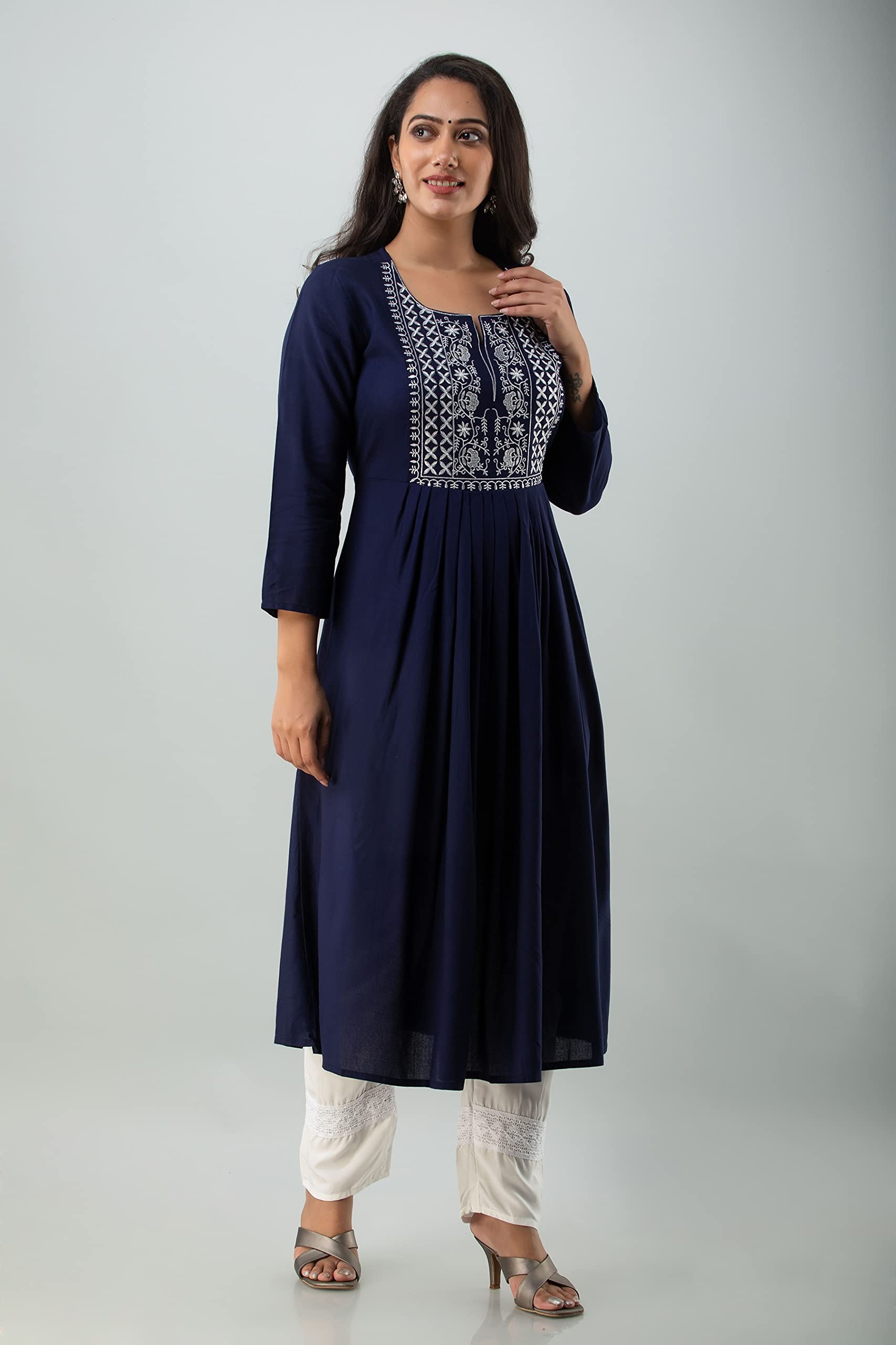 Women's Rayon Printed Anarkali Kurti With Palazzo (Blue, Small)