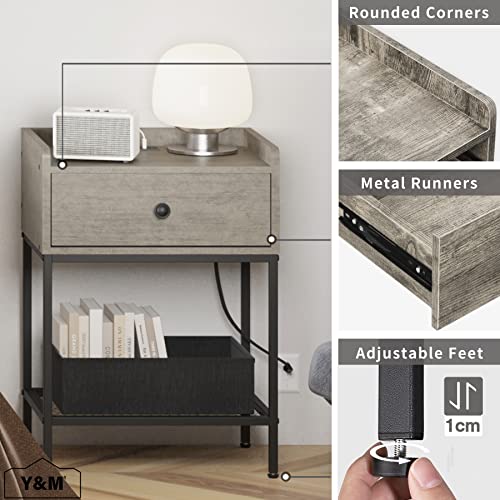 Y&M Nightstand with Charging Station and USB Ports, Side End Table with Drawer, Modern Bedside Tables Night Stand Storage Shelf for Small Spaces, Bedroom, Living Room - Gray and Black