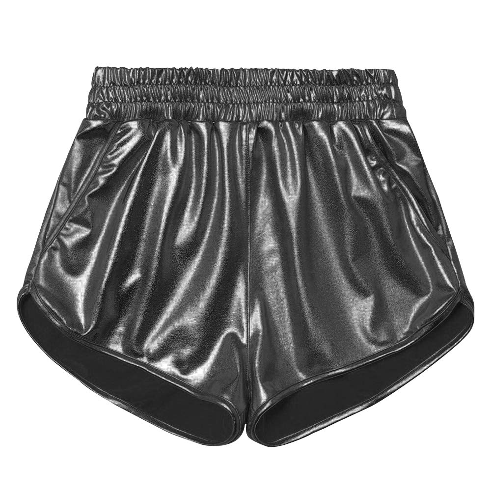 Women's Yoga Hot Shorts Elastic Waist Shiny Metallic Pants (Black, M)