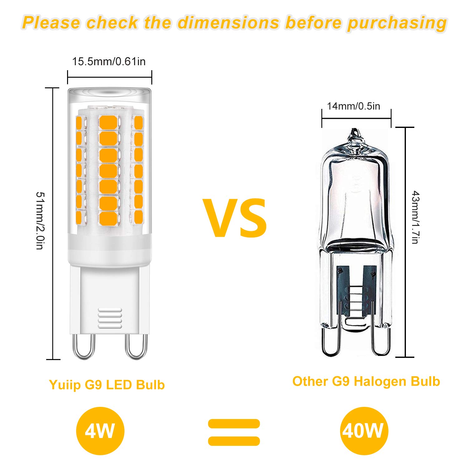 YUIIP G9 LED Light Bulb 4W Equivalent 40W Halogen Bulbs, G9 Base, Warm White 3000K, 400LM Lamp, AC 120V CRI 83 for Home Lighting, Ceiling Fan, Chandelier, Non Dimmable (6 Pack)