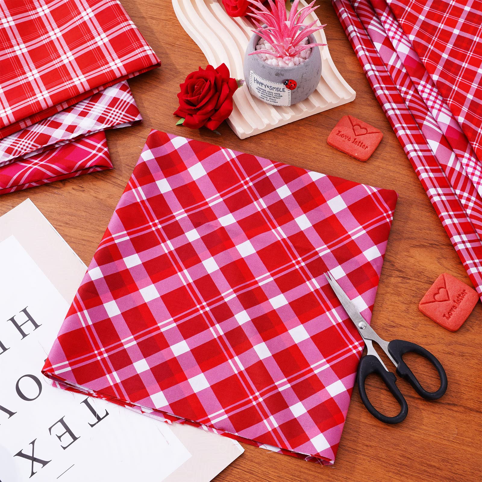 Whaline 8Pcs Valentine's Day Cotton Fabric Bundles 18 x 22 Inch Buffalo Plaid Fat Quarters Red White Plaid Quilting Patchwork Squares Sewing Fabrics for DIY Handmade Crafting Home Party Decor