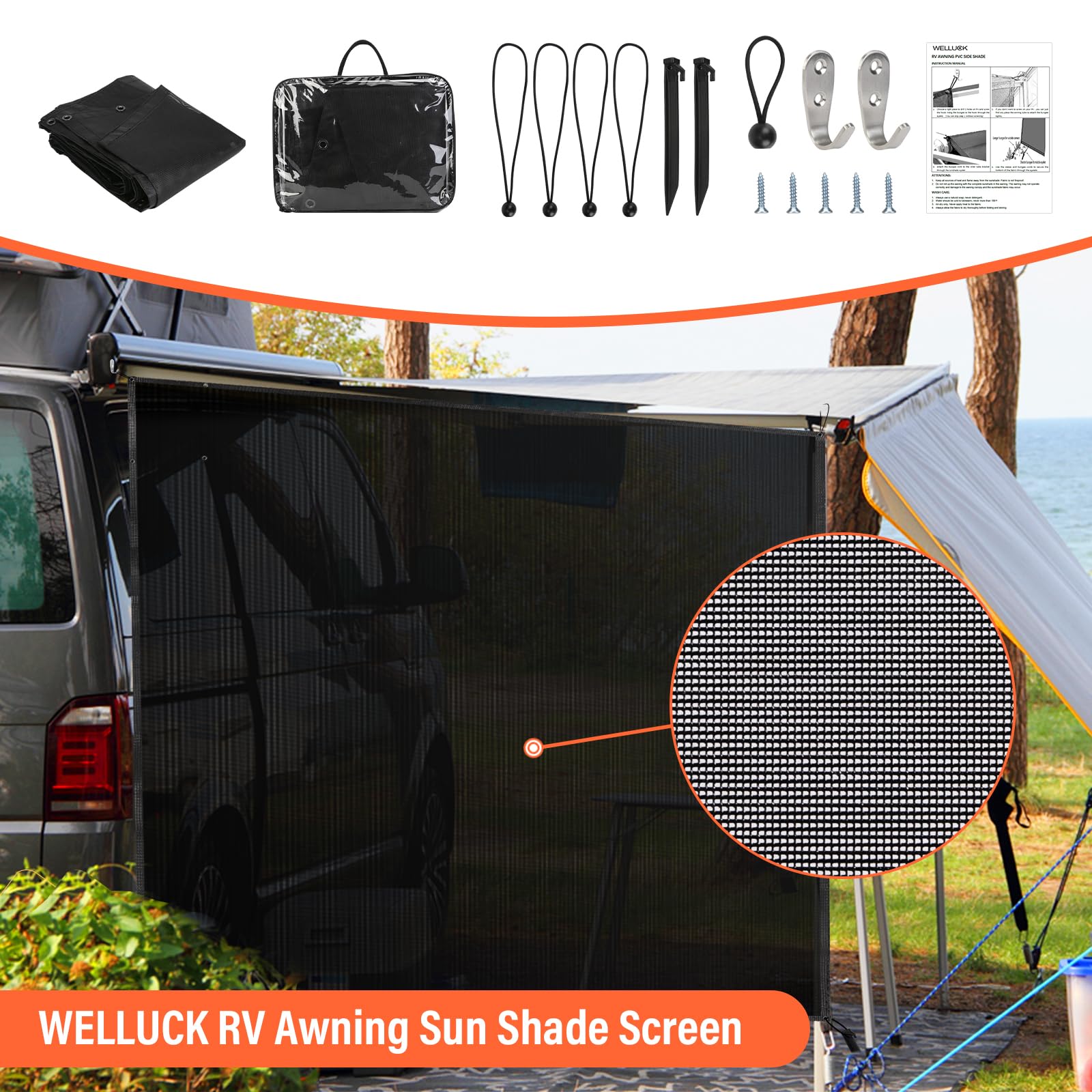 WELLUCK RV Awning Side Sun Shade Screen, 9'X7' Black Mesh Camper Sunshade RV Awning Accessories, UV Blocker Privacy Screen Complete Kit for Motorhome Camper Travel Trailer Canopy