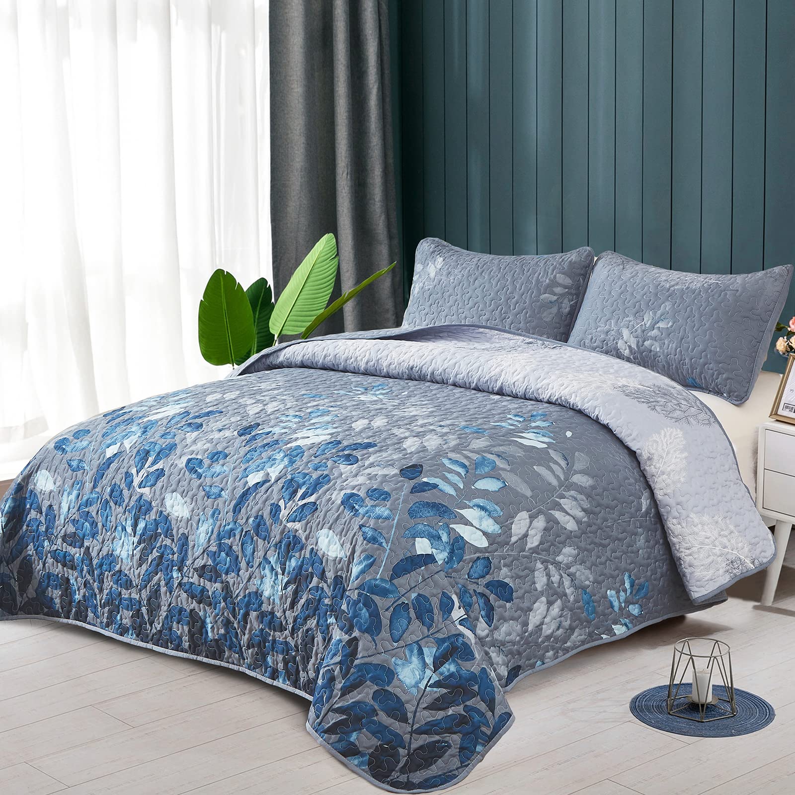 WONGS BEDDING Blue Floral Quilt Set California King, 3 Pieces Botancal Leaves Bedspread Coverlet Set with 2 Pillowcases for All Season, Soft Microfiber Floral Bedding Set 106"×96"