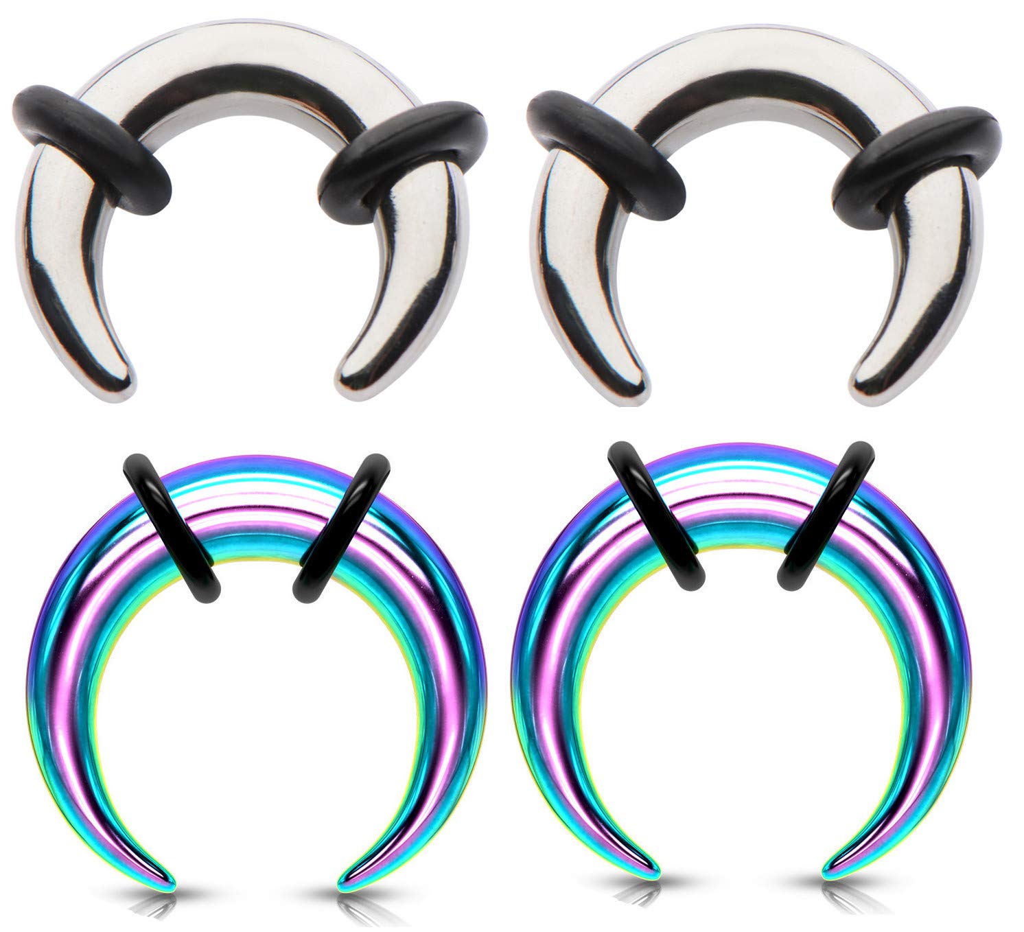 Zaya Body Jewelry 2 Pairs Steel Rainbow Ear Plugs Tapers Pinchers Horseshoes Gauges 0g 2g 4g 6g 8g 10g 12g 14g (6g 4mm)