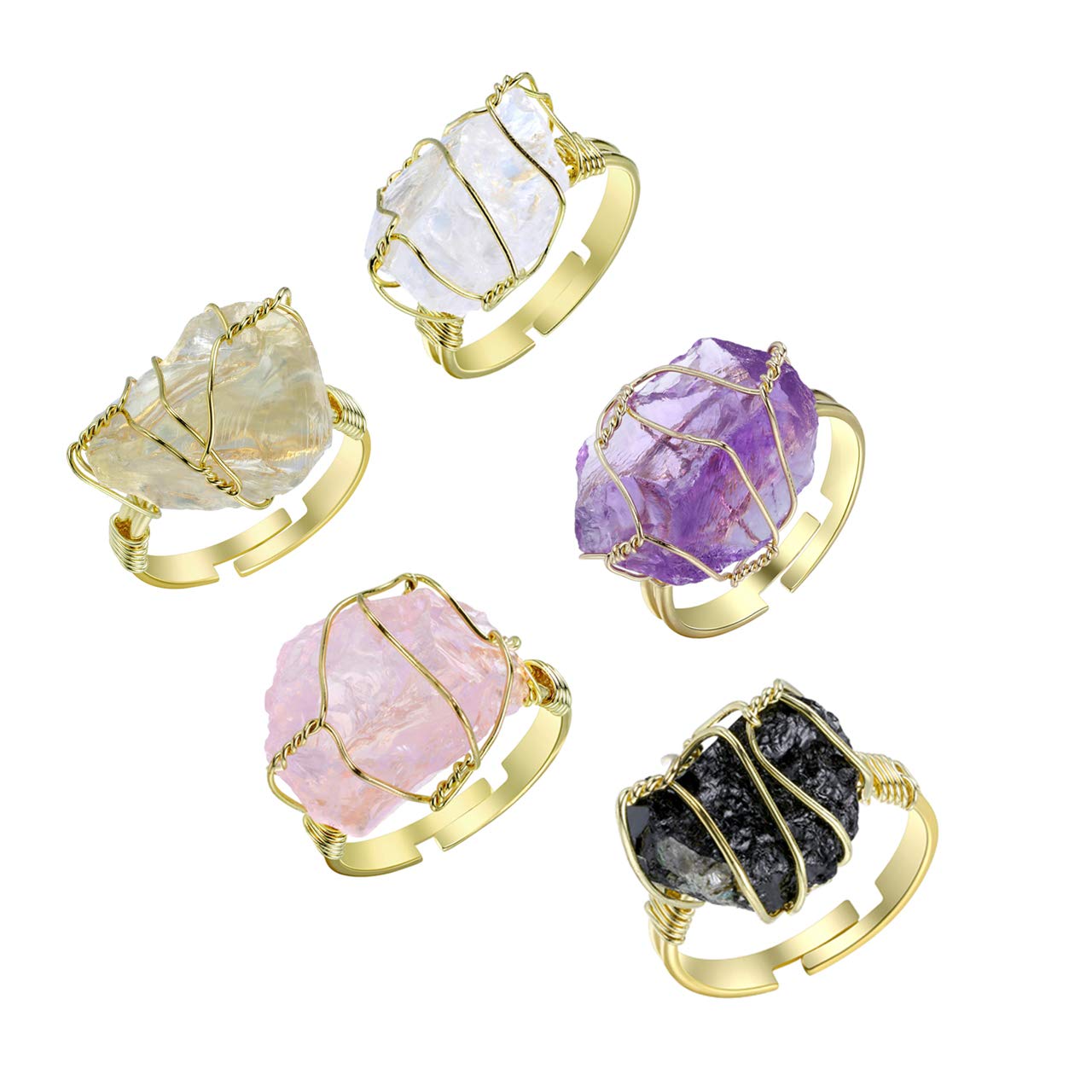 Top Plaza Healing Crystal Rose Quartz Rings for Women Handmade Wired Wrapped Irregular Gemstone Rings Golden Adjustable Rings
