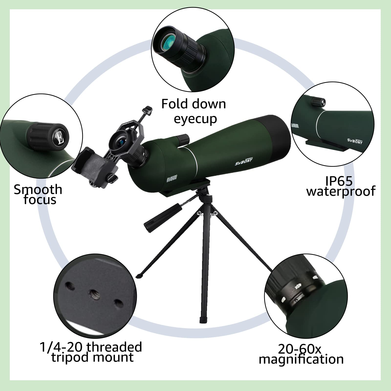 SVBONY SV28 Angled Spotting Scope with Tripod, 20-60x80 Spotter Scope, Long Range Sporting Scope with Phone Adapter, Portable Spotting Scopes for Bird Watching, Target Shooting, Hunting