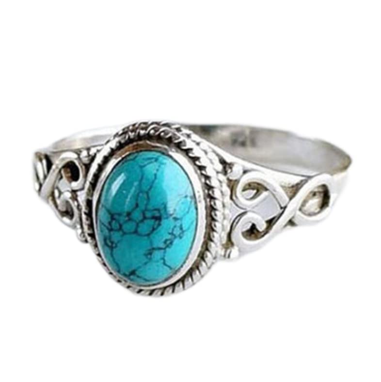 Yuren Vintage Women's 925 Sterling Silver Ring Oval Cut Natural Bohemia Turquoise Jewelry Turquoise Moonstone Ring Wedding Jewelry Size 6-10 (US Code 6)
