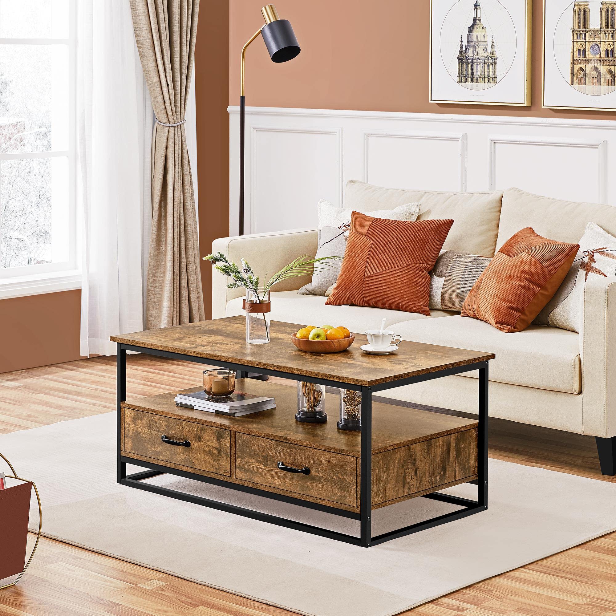 Yaheetech 3PCS Living Room Table Suite, Vintage Coffee Table with 2 Storage Drawers and Open Shelves + Pair of 3 Tier Sofa Side Tables with Storage Shelves, Rustic Brown